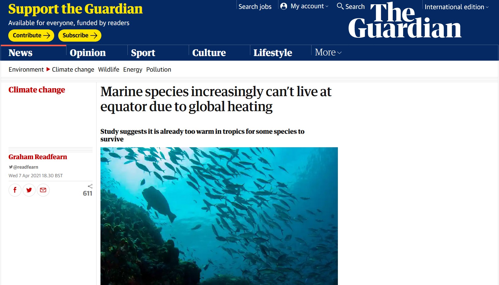 Opwarming Aarde verdrijft mariene soorten rond evenaar – Klimaatnieuws